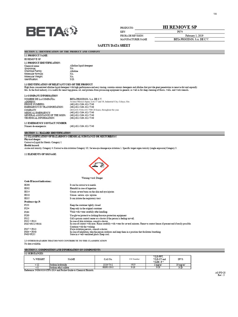 HI REMOVE SP Alkaline Detergent SDS | PDF | Toxicity | Dangerous Goods