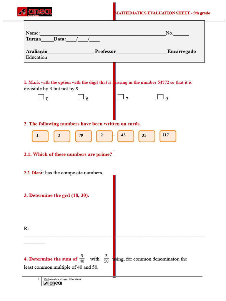 mathematics worksheet 5th grade areal | PDF | Mathematics | Numbers
