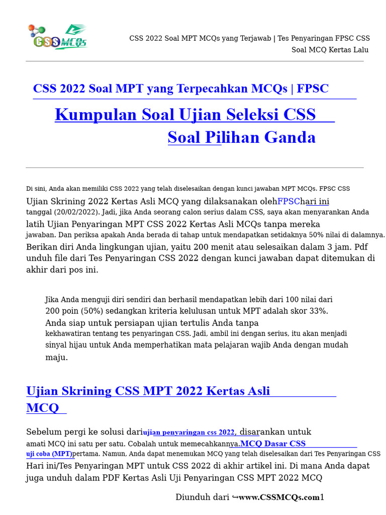 CSS 2022 MPT MCQs Terjawab dan Solusi | PDF