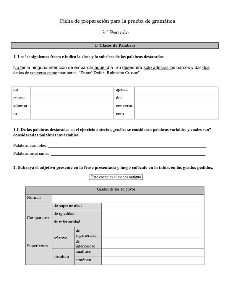 Prueba de Gramática 6º Grado - Preparación para La Prueba | PDF | Verbo ...
