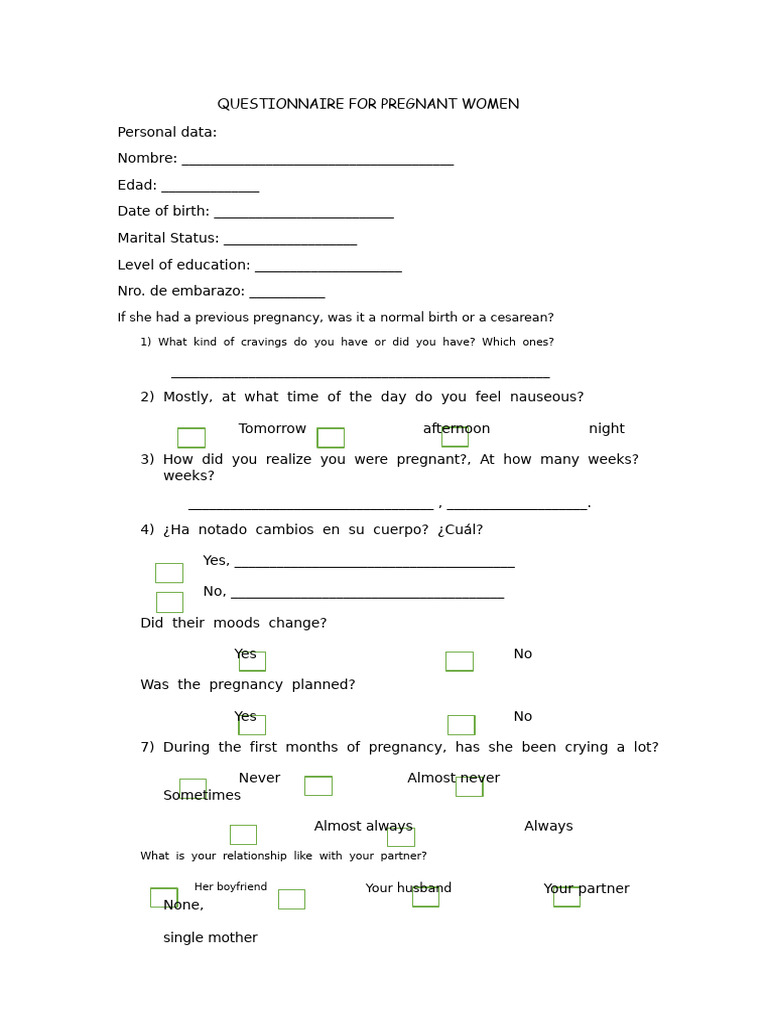 Questionnaire for Pregnant Women | PDF | Pregnancy | Reproductive Rights