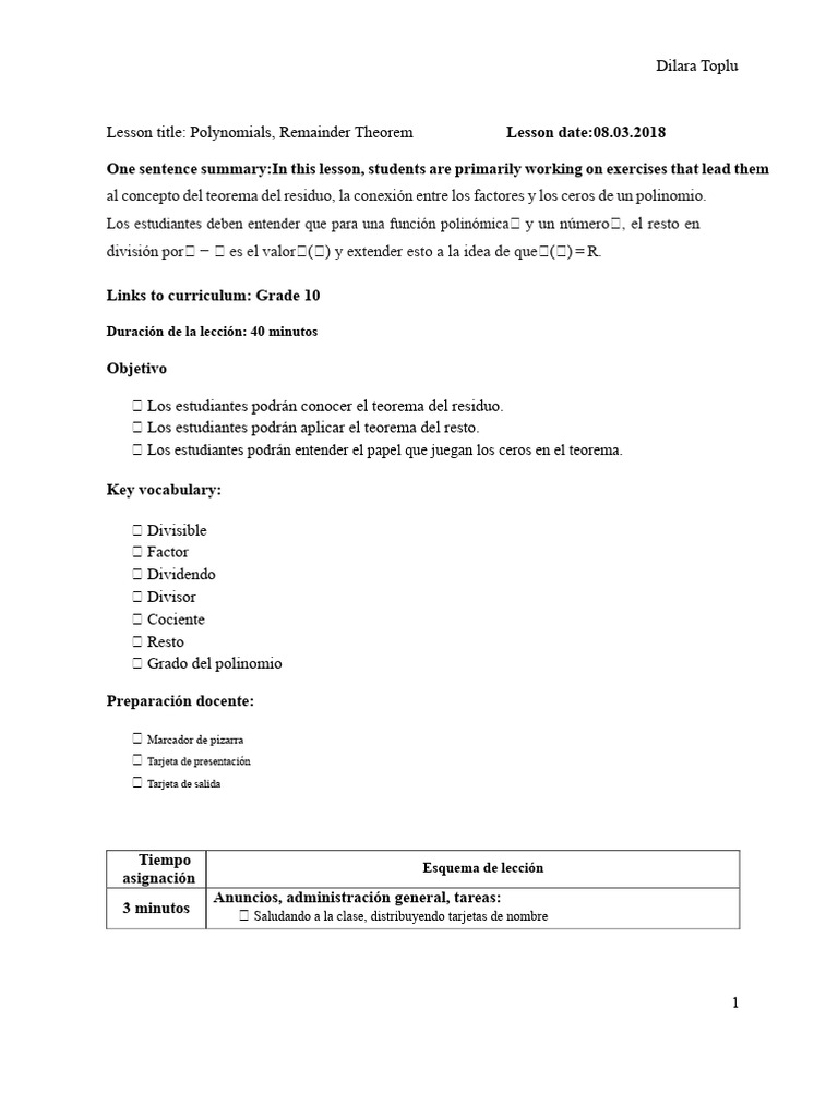 374976141 Plan de Lección Teorema del Resto | PDF | División (Matemáticas) | Aritmética