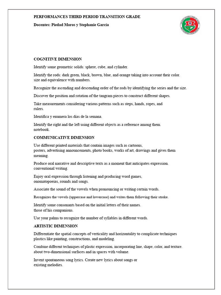 Third Period Transition Grade Performances | PDF | Shape | Dimension