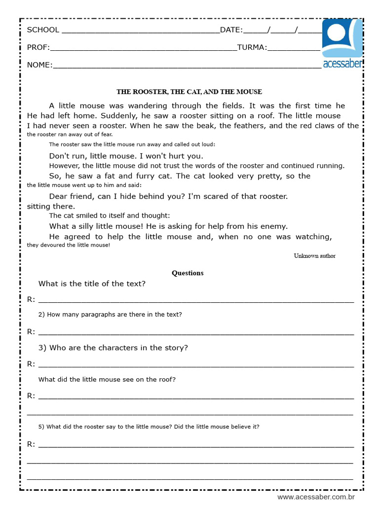 The Rooster, Cat, and Mouse Fable | PDF