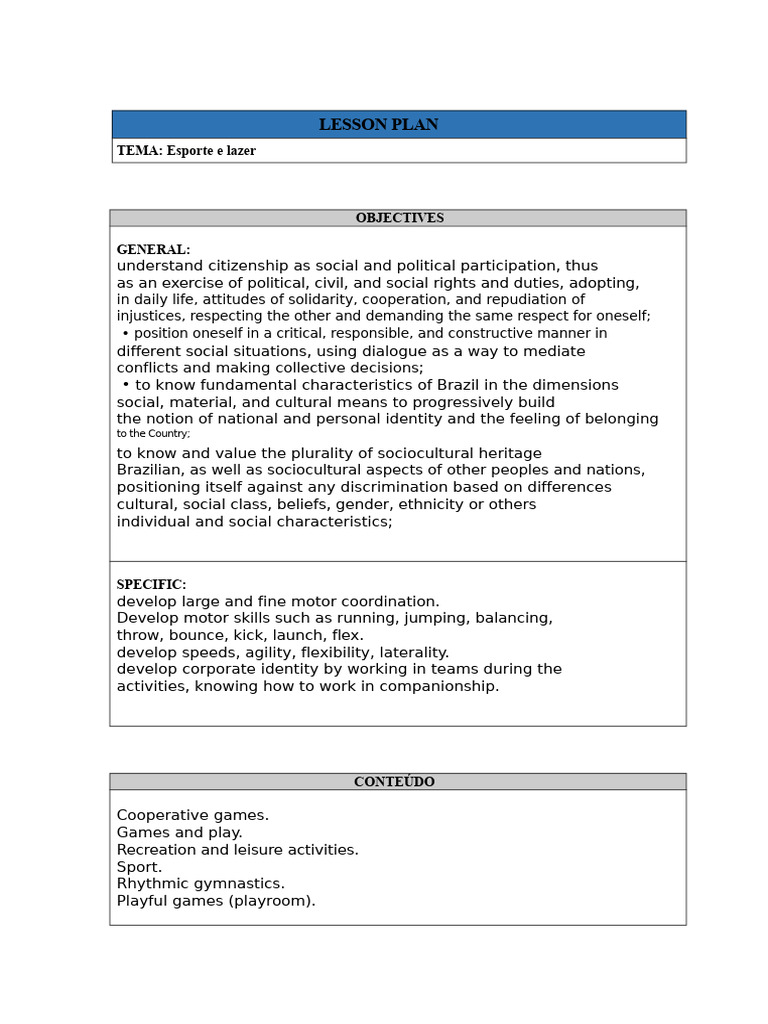 Sports and Leisure Lesson Plan | PDF | Identity (Social Science ...