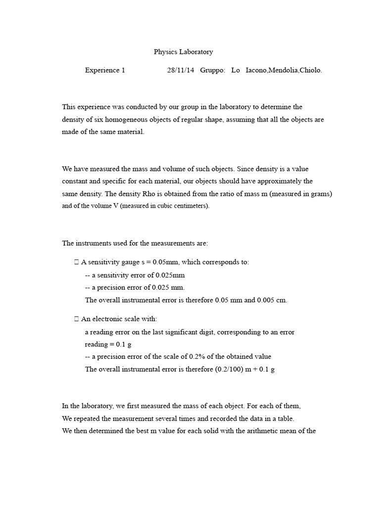 Physics Laboratory Report | PDF | Significant Figures | Density