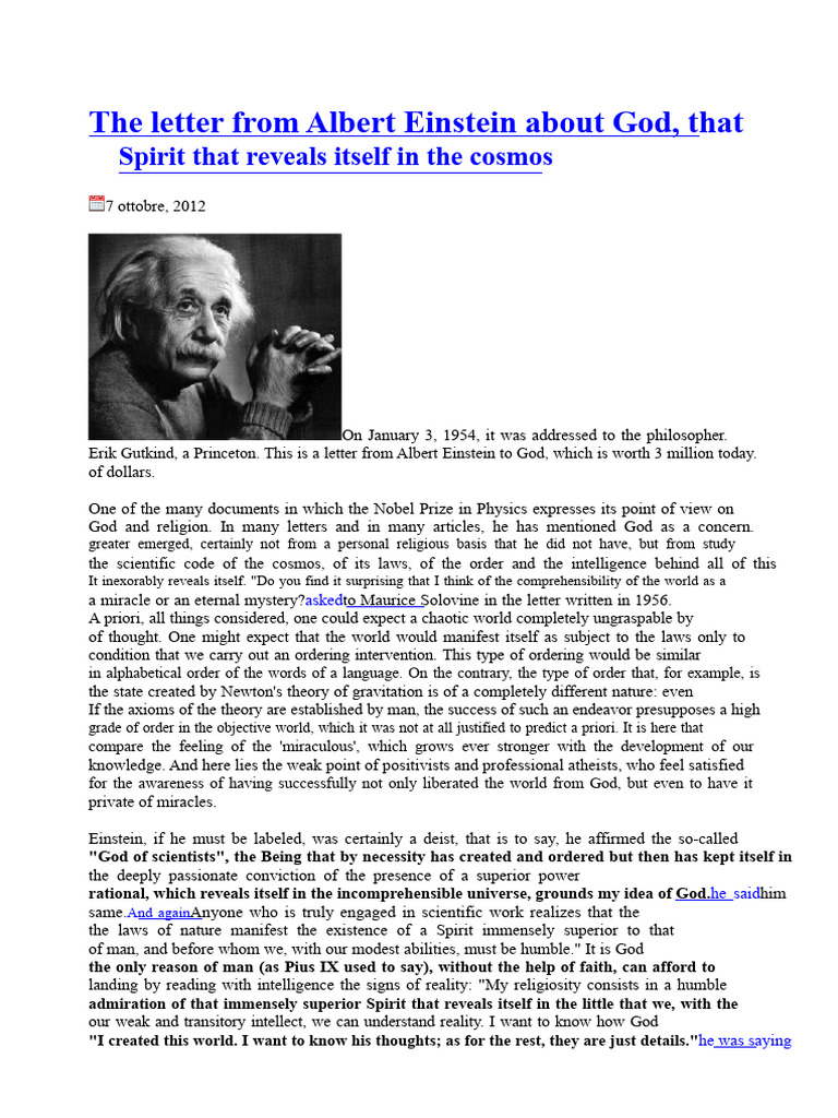 Albert Einstein's Letter About God | PDF | God | Albert Einstein