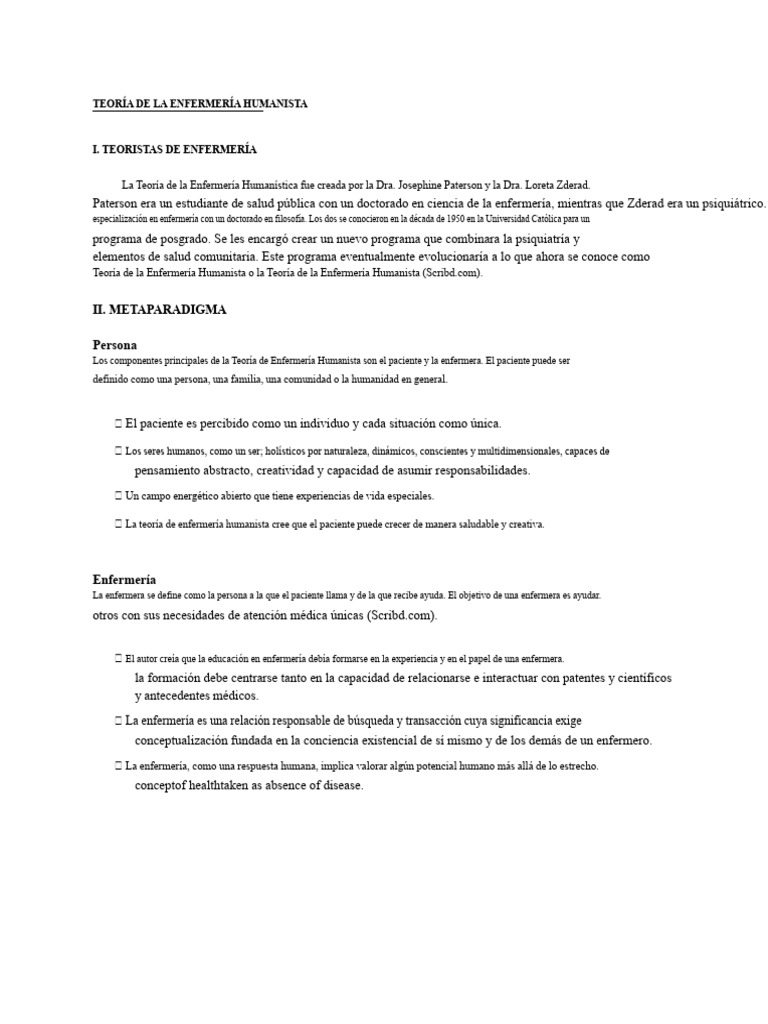 Teoría de Enfermería Humanista: Paterson y Zderad | PDF | Enfermería ...
