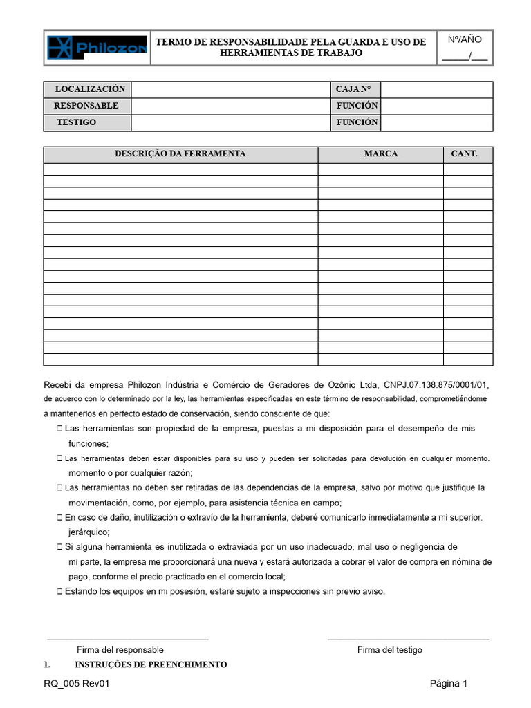 RQ_005 Rev01 - Término de responsabilidad de herramientas | PDF