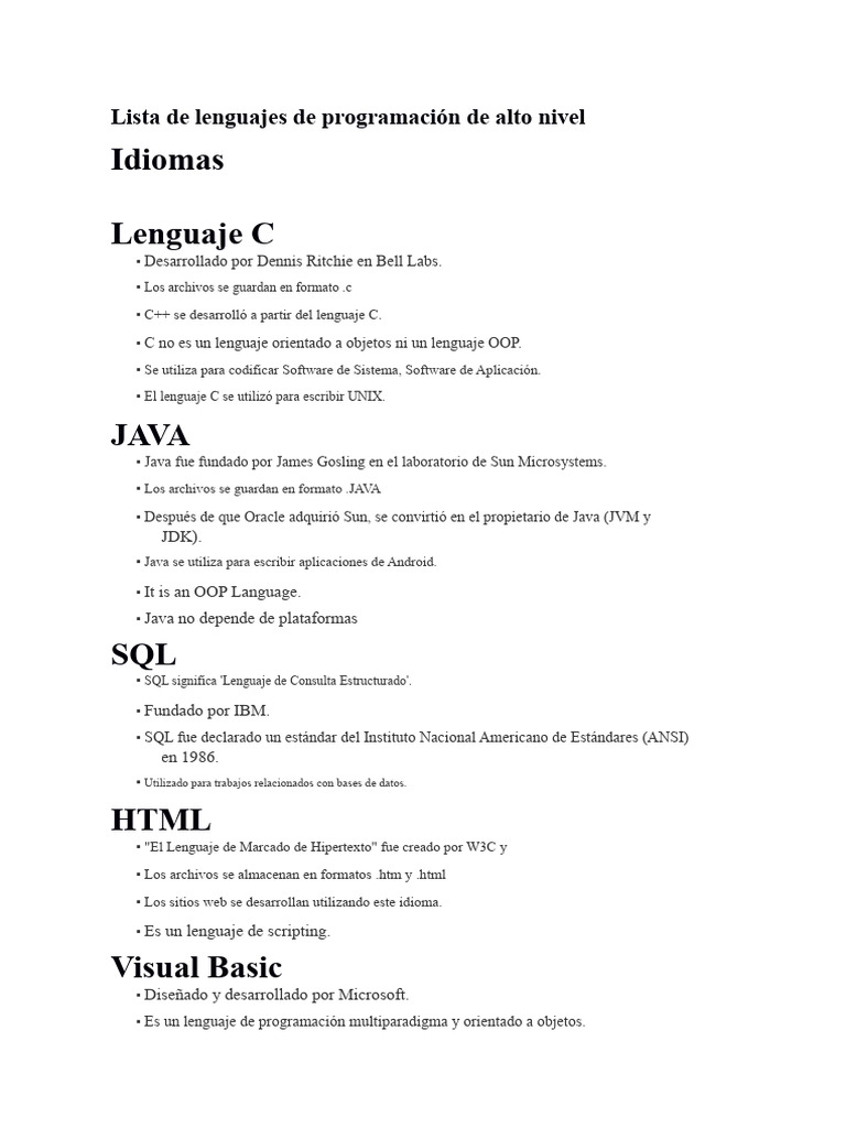 Lista de Lenguajes de Programación de Alto Nivel | PDF | Lenguaje de programación | Java ...
