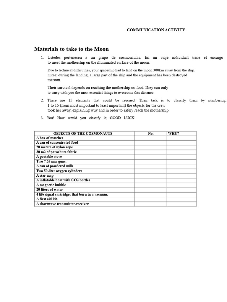 Essential Items for Moon Survival | PDF