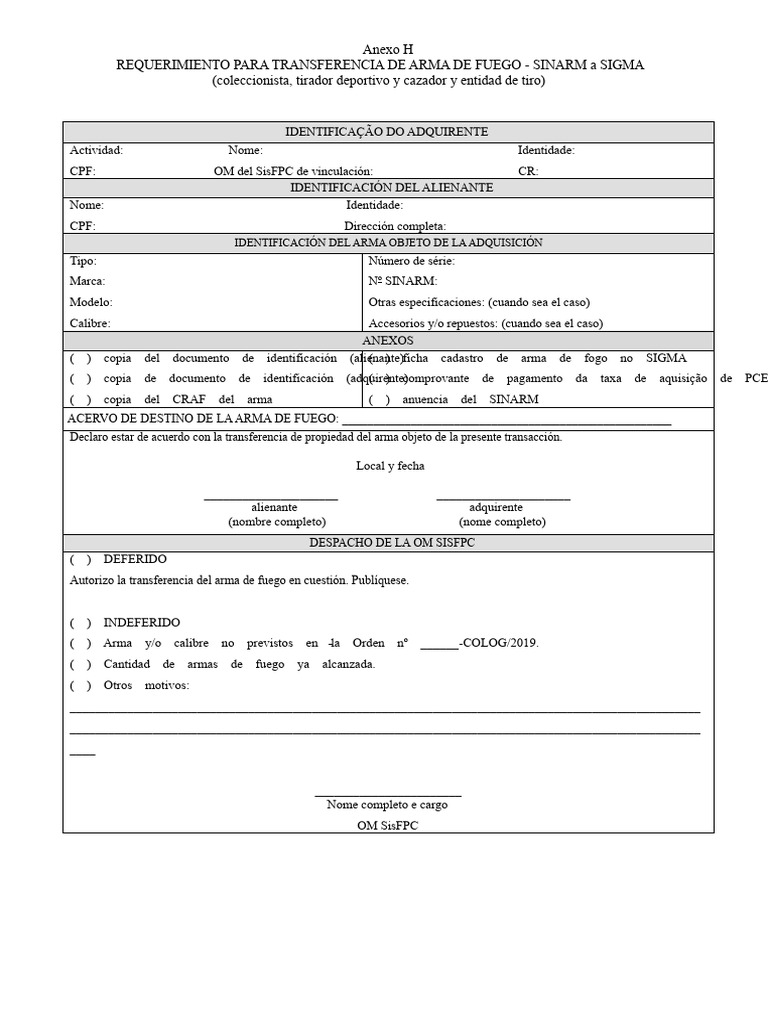 Requerimiento de Transferencia Anexo H | PDF | Valores | Disparo
