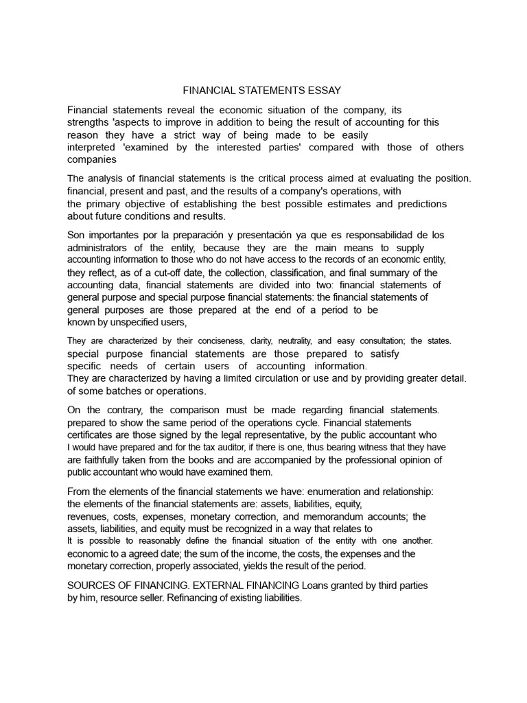 FINANCIAL STATEMENTS ESSAY | PDF | Balance Sheet | Financial Statement