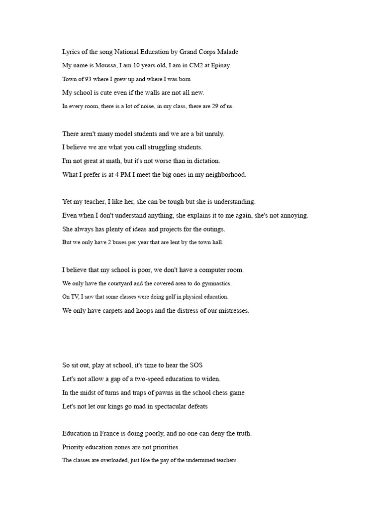 CO - Lyrics of the song National Education by Grand Corps Malade | PDF