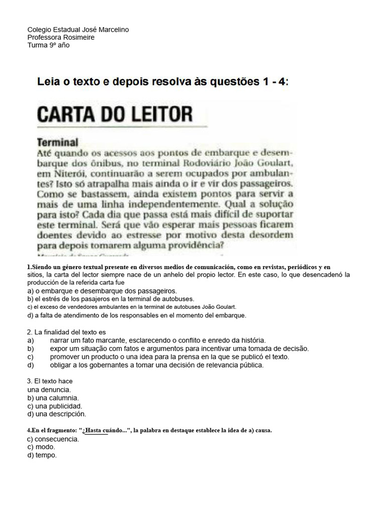 CARTA AL LECTOR - 9º Año | PDF