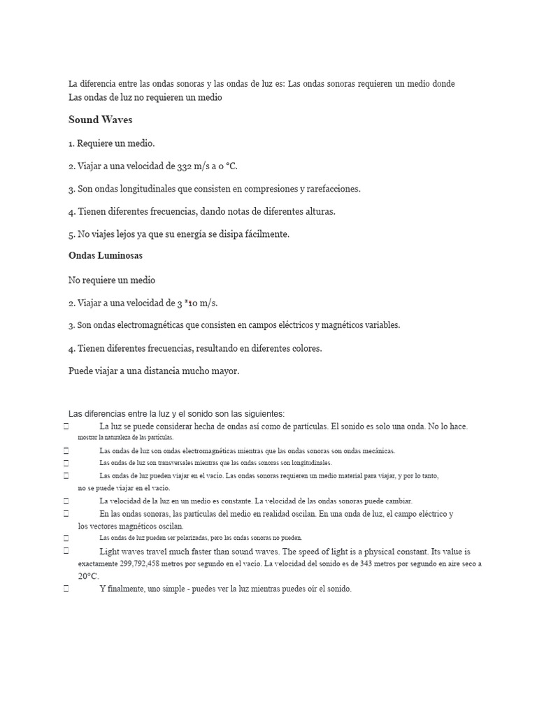 La diferencia entre las ondas sonoras y las ondas de luz son (1).docx | PDF | Olas | Radiación ...