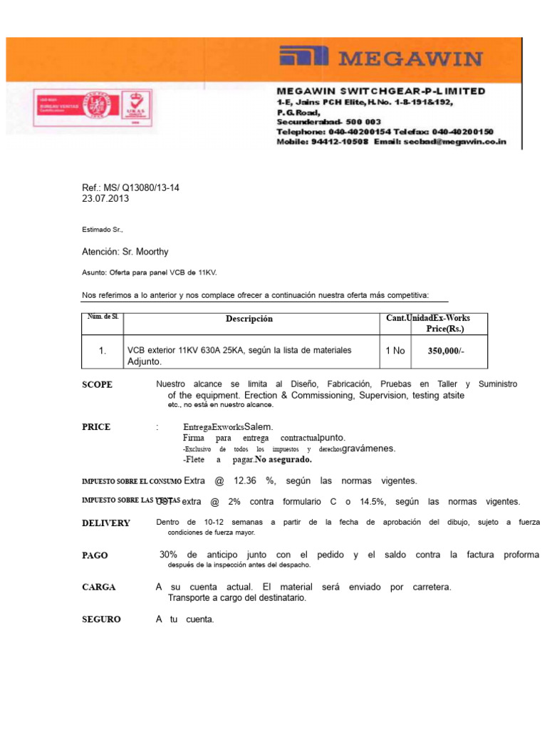 Cotización - Panel VCB Exterior de 11KV 630A 25KA - Marca Megawin | PDF ...
