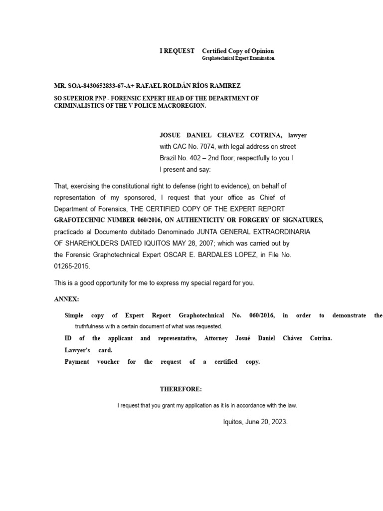 REQUEST Certified Copy of Forensic Graphology Report. | PDF