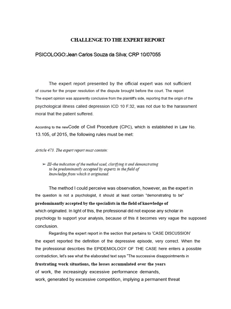 Challenge To The Expert Report | PDF | Expert | Anxiety
