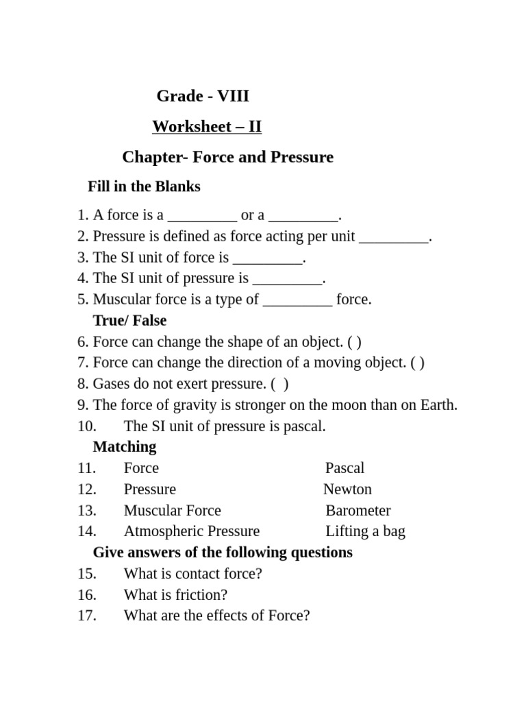 Grade 8 Force and Pressure Worksheet | PDF