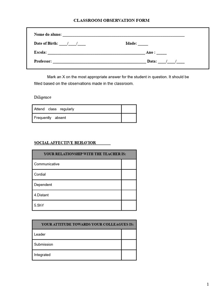 Classroom Observation Sheet | PDF | Psychology | Communication