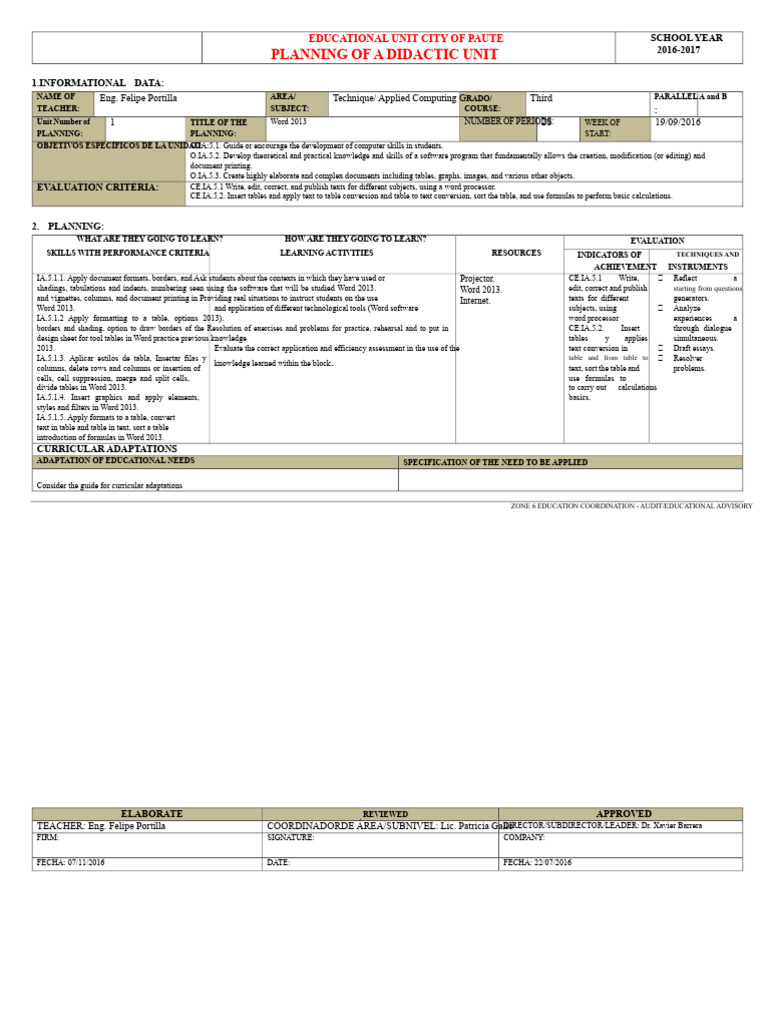 Format of Planning for Didactic Unit Applied Computer Science 3rd BGU ...