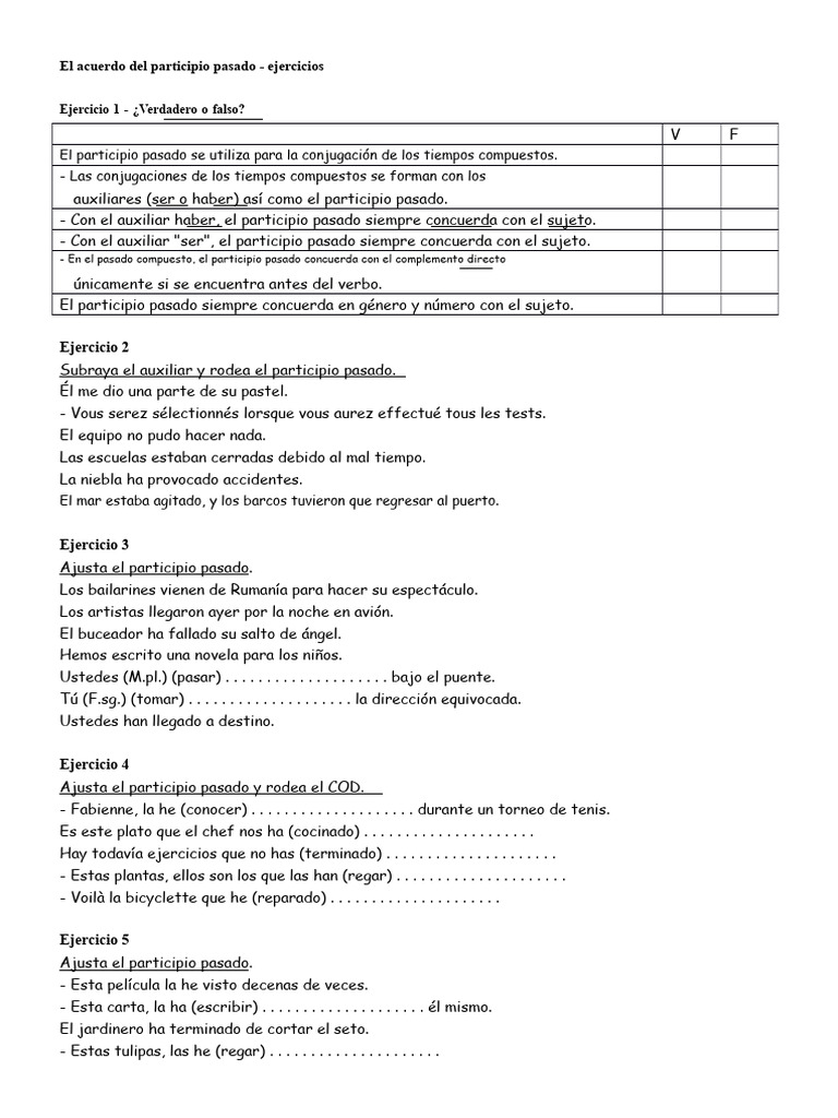 Ejercicios sobre el participio pasado | PDF | Conjugación gramatical ...