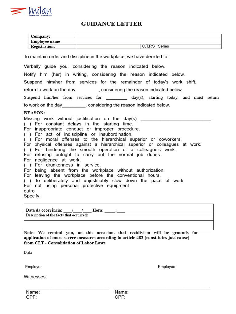 Employee Disciplinary Guidance Letter | PDF