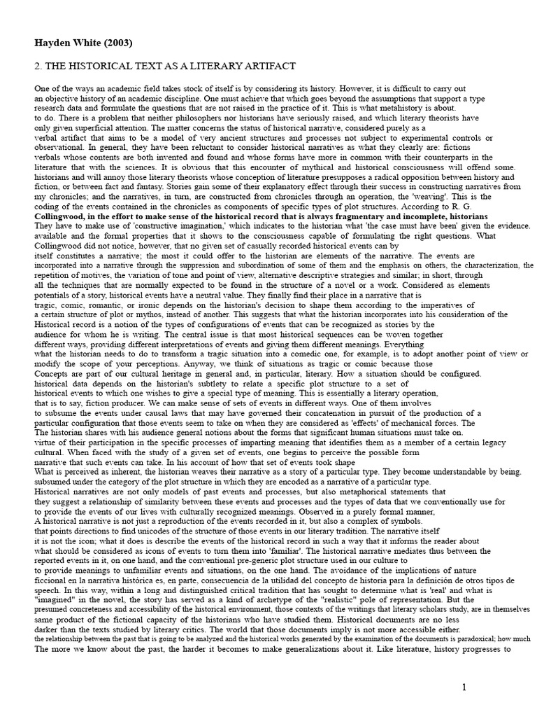 Summary - Hayden White (2003) The historical text as a literary artifact | PDF | Narrative ...