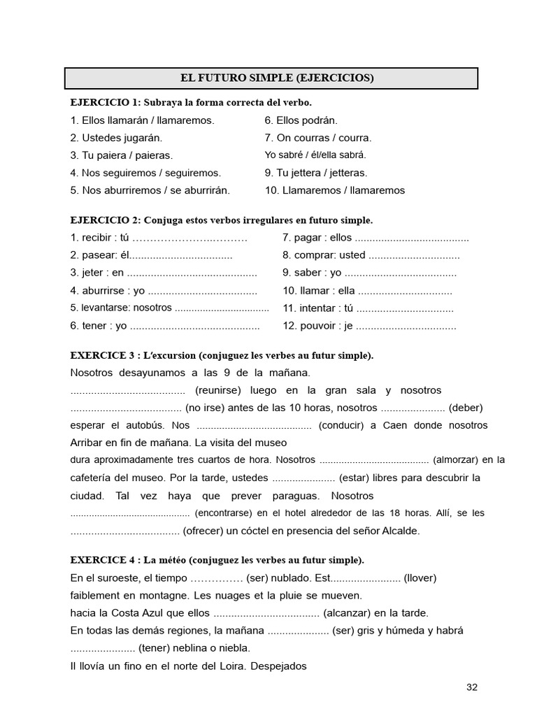 Ejercicios de Futuro Simple en Español | PDF