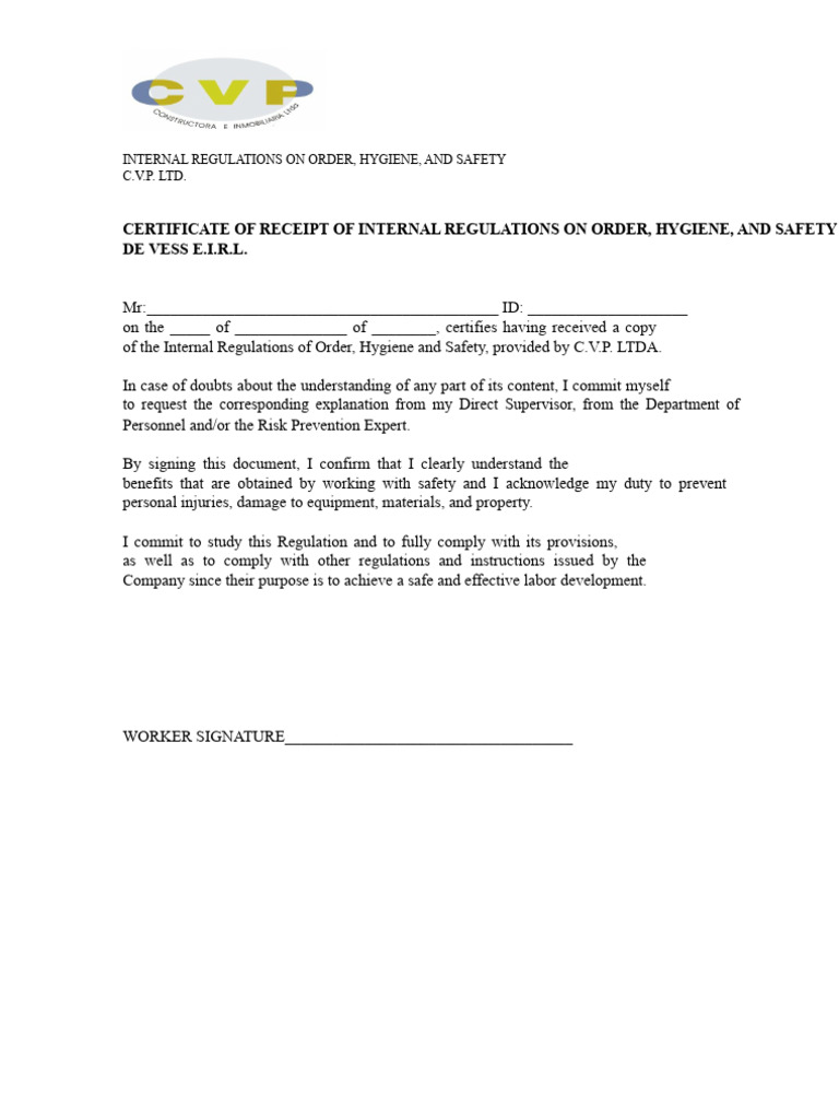 I Acknowledge Receipt of The Internal Regulations | PDF