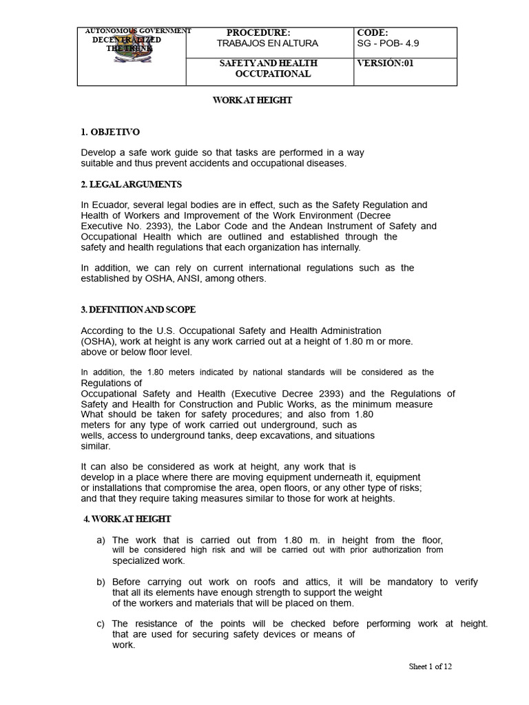 Working at Height Procedure | PDF | Occupational Safety And Health ...