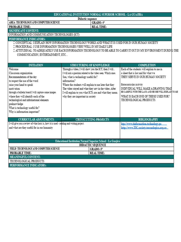 didactic sequence computer science and technology 4 and 5 | PDF | Information | Educational ...