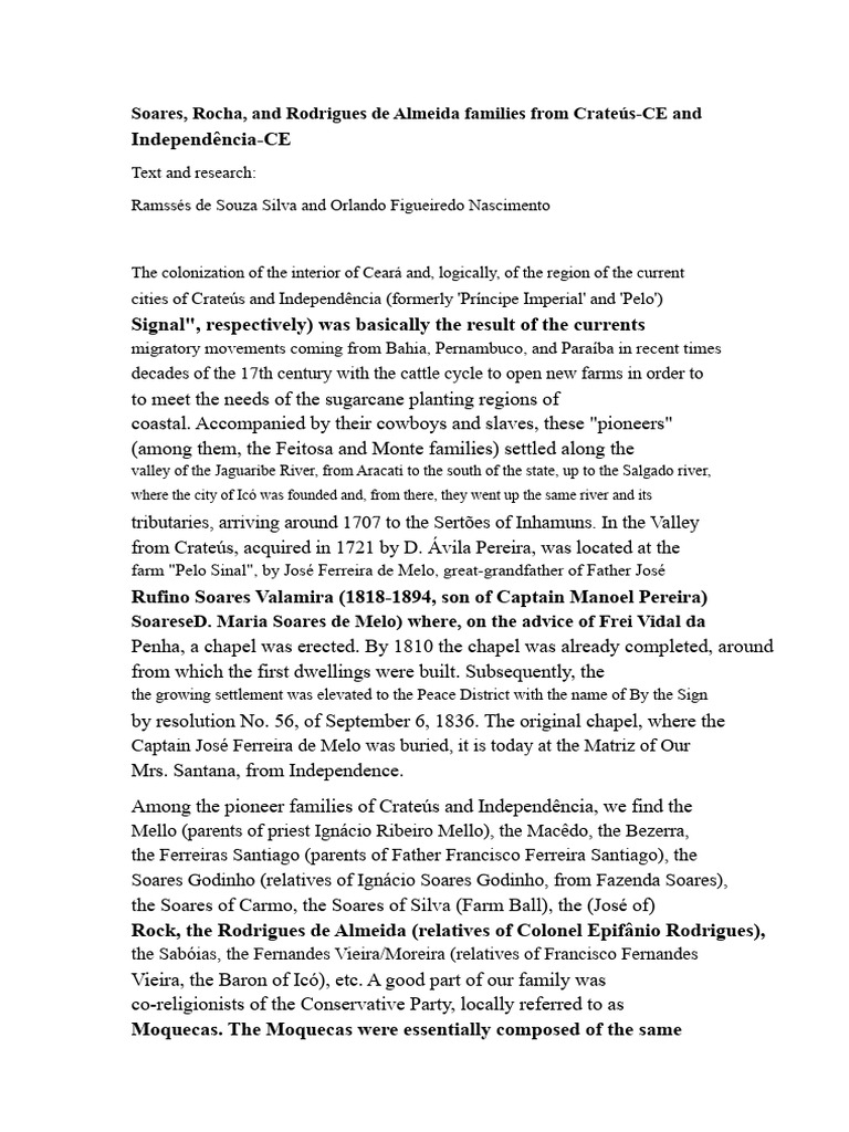 Small Genealogical Treaty of Crateús and Independência-CE (Oliveira, Soares, Rocha, Rodrigues de ...