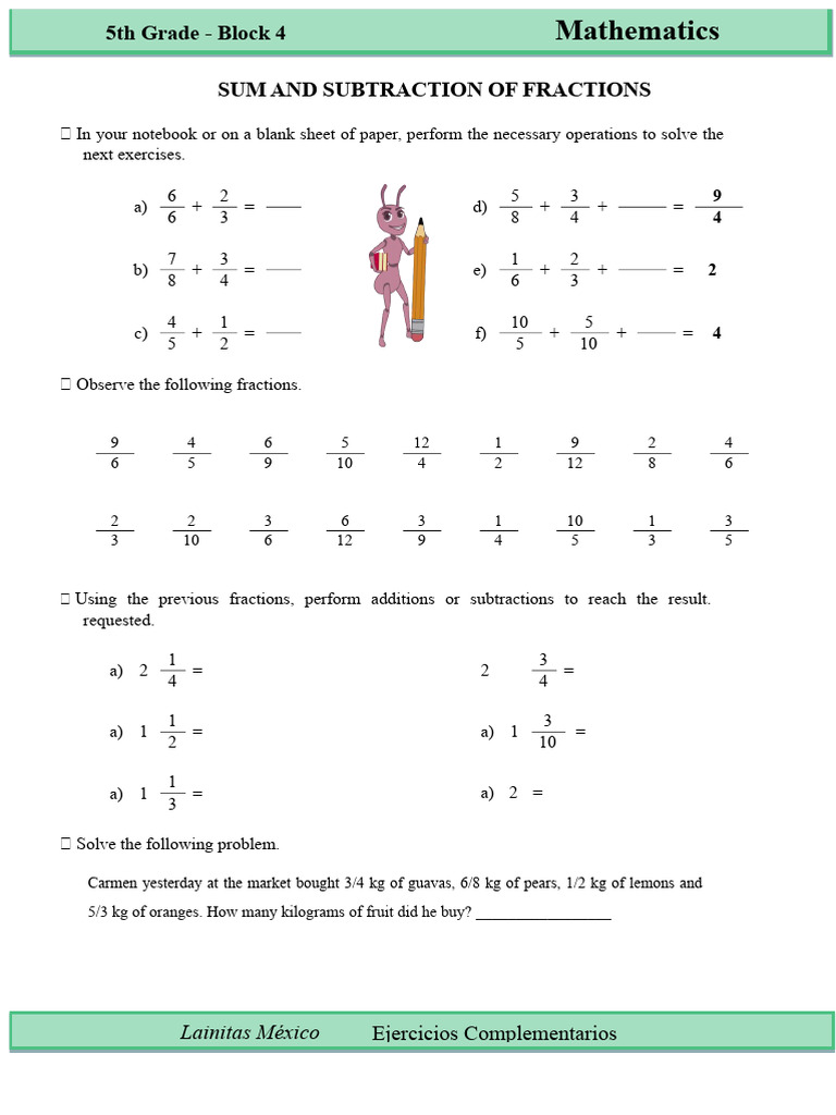 5th Grade - Mathematics - Addition and Subtraction of Fractions | PDF ...