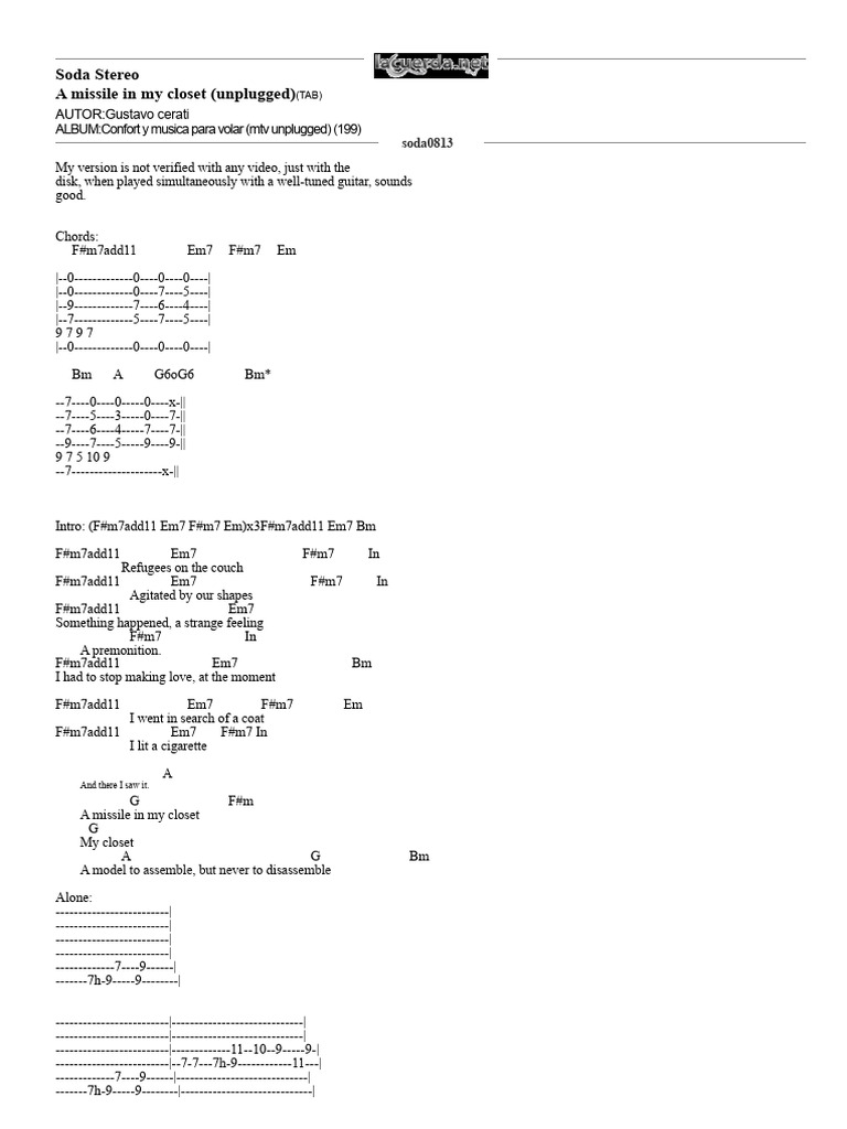 Soda Stereo, A Missile in My Closet (Unplugged) - Guitar Tab | PDF