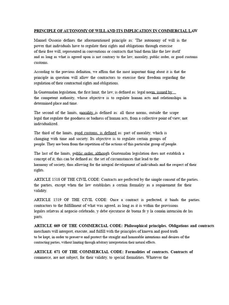 Principle of Autonomy of Will and Its Implications in Commercial Law ...