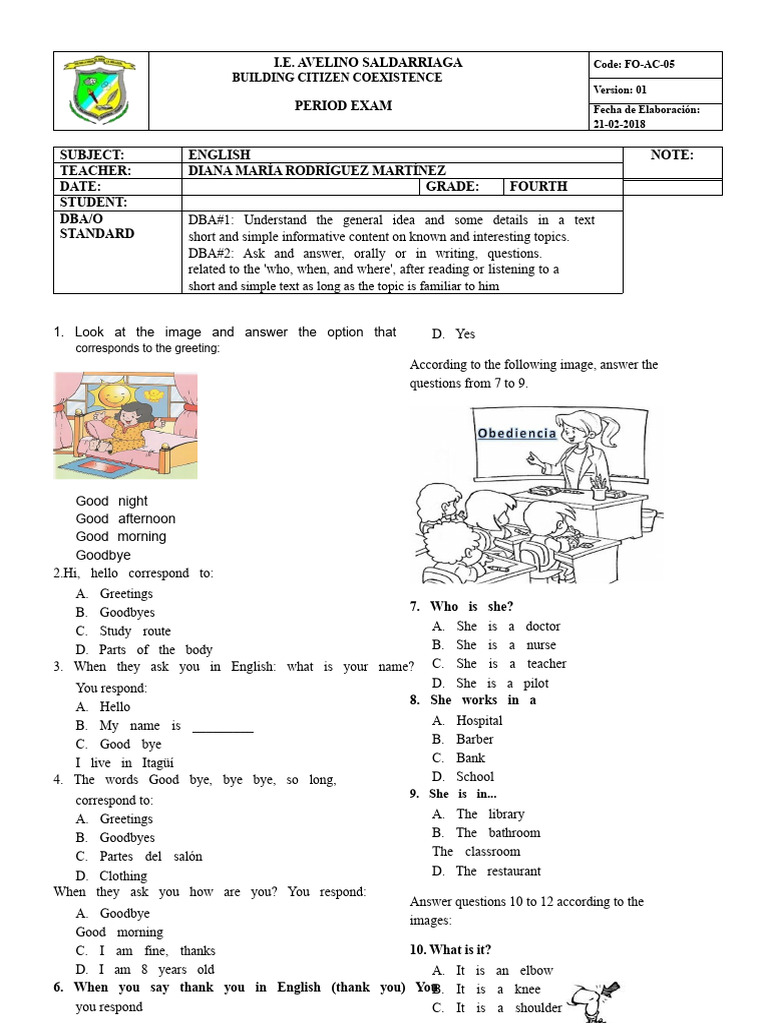 English exam 4th grade | PDF | English Language | Linguistics