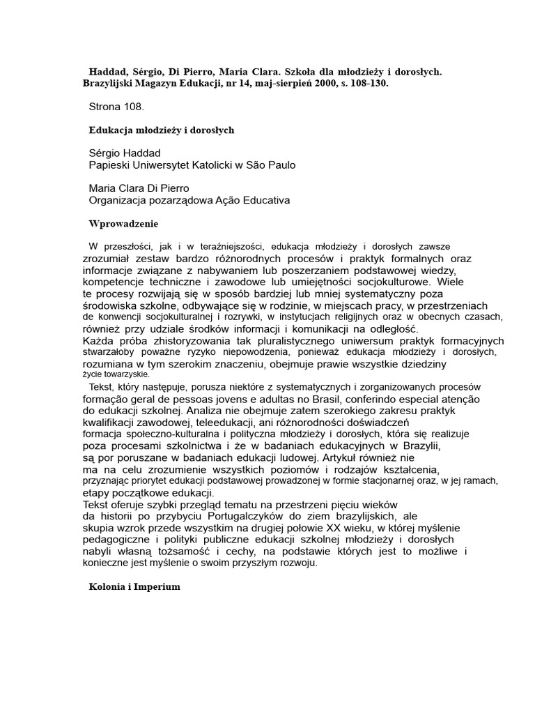 HADDAD, Sérgio DI PIERRO, Maria C. Edukacja Młodzieży I Dorosłych | PDF