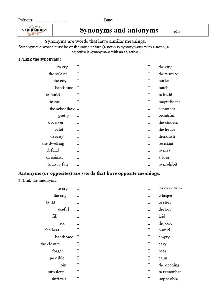 Synonyms and Antonyms Exercises | PDF | Lexical Semantics | Linguistic ...