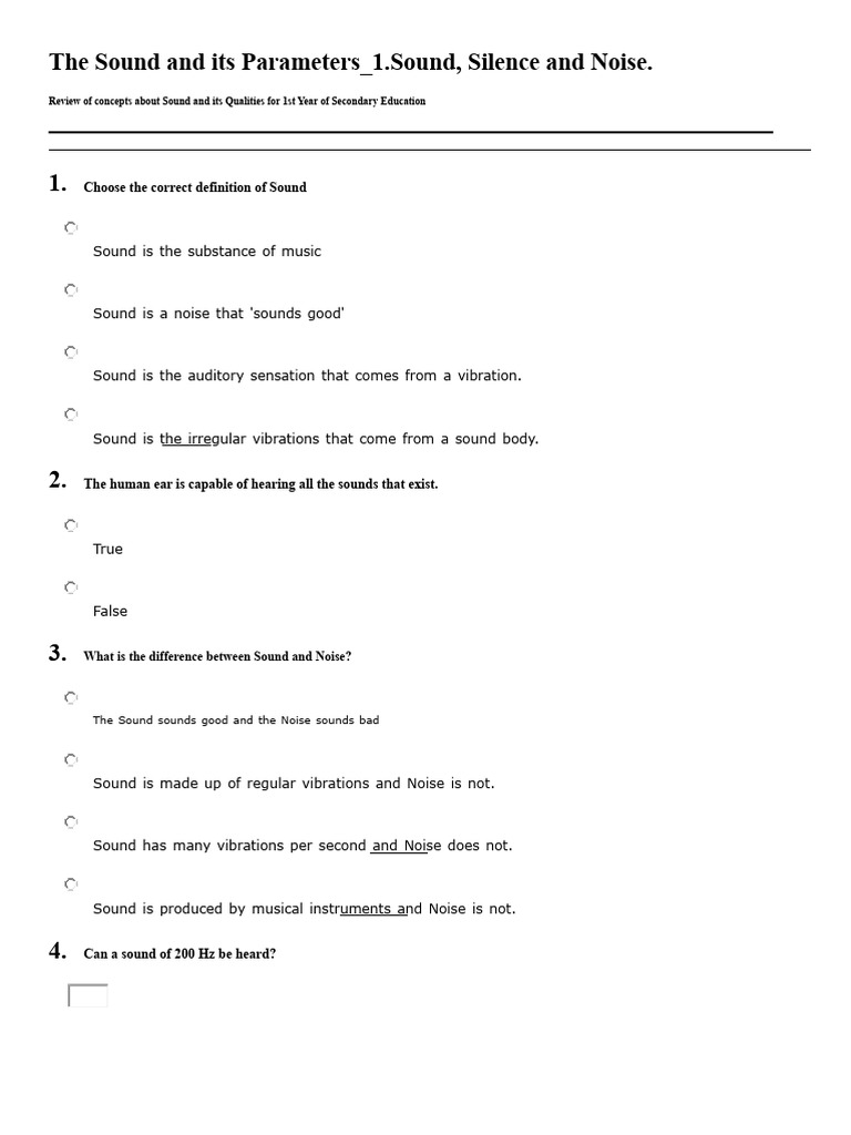 QUESTIONNAIRE The Sound and its Parameters SOUNDS, SILENCE AND NOISE | PDF