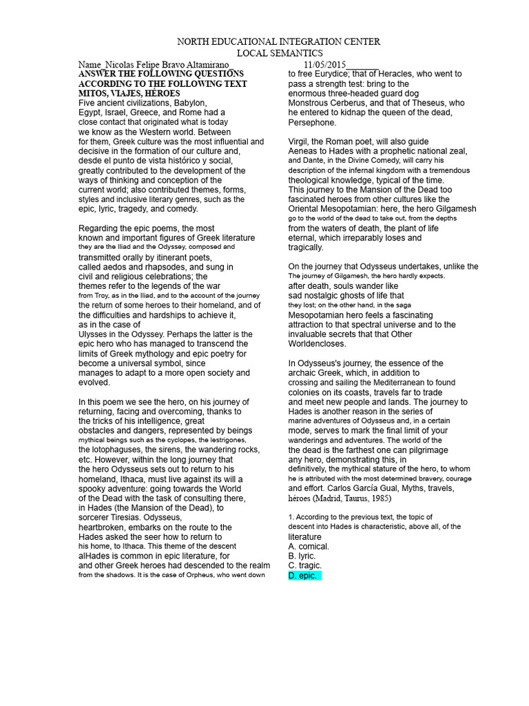 Test (EPIC) Myth, Journeys, ODYSSEY.docx answers | PDF | Odyssey | Odysseus