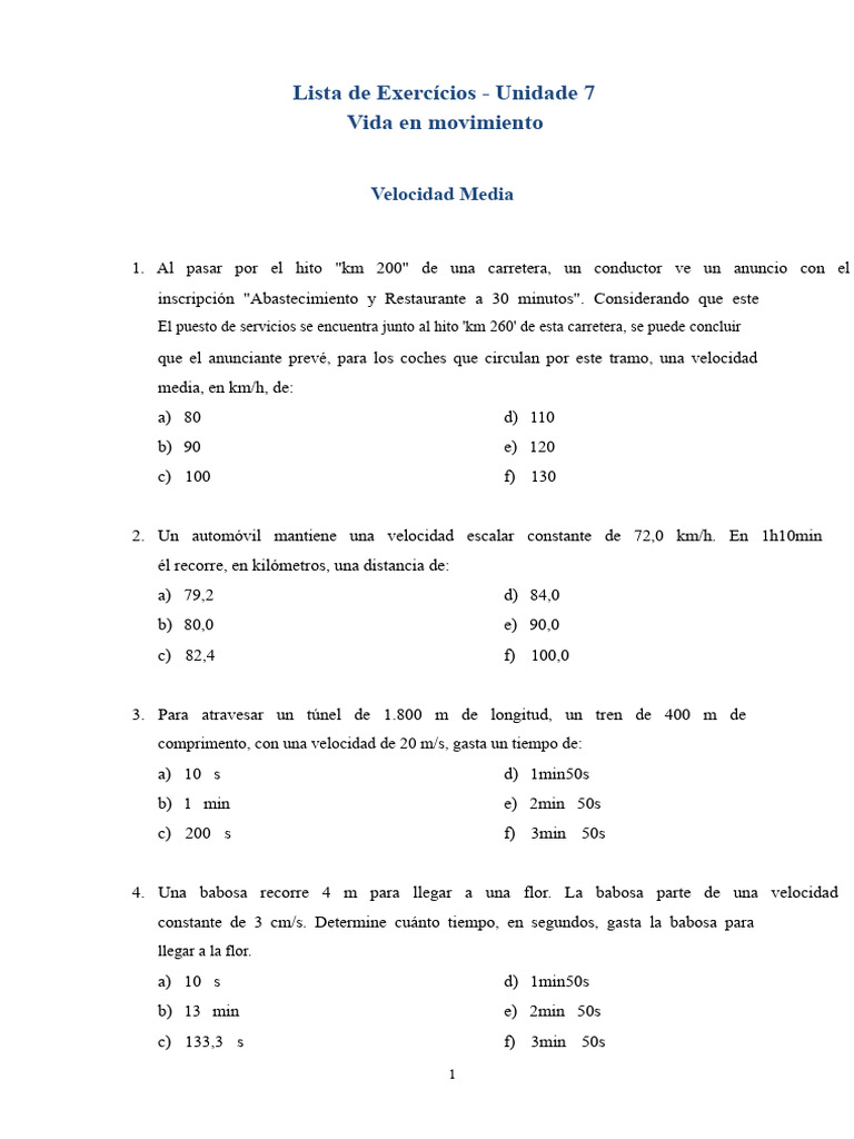 Ejercicios de Velocidad Media y Movimiento | PDF | Velocidad | Unidades ...