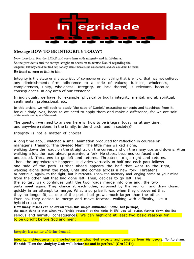 Message ON HOW TO BE INTEGRITY TODAY | PDF | Daniel (Biblical Figure ...