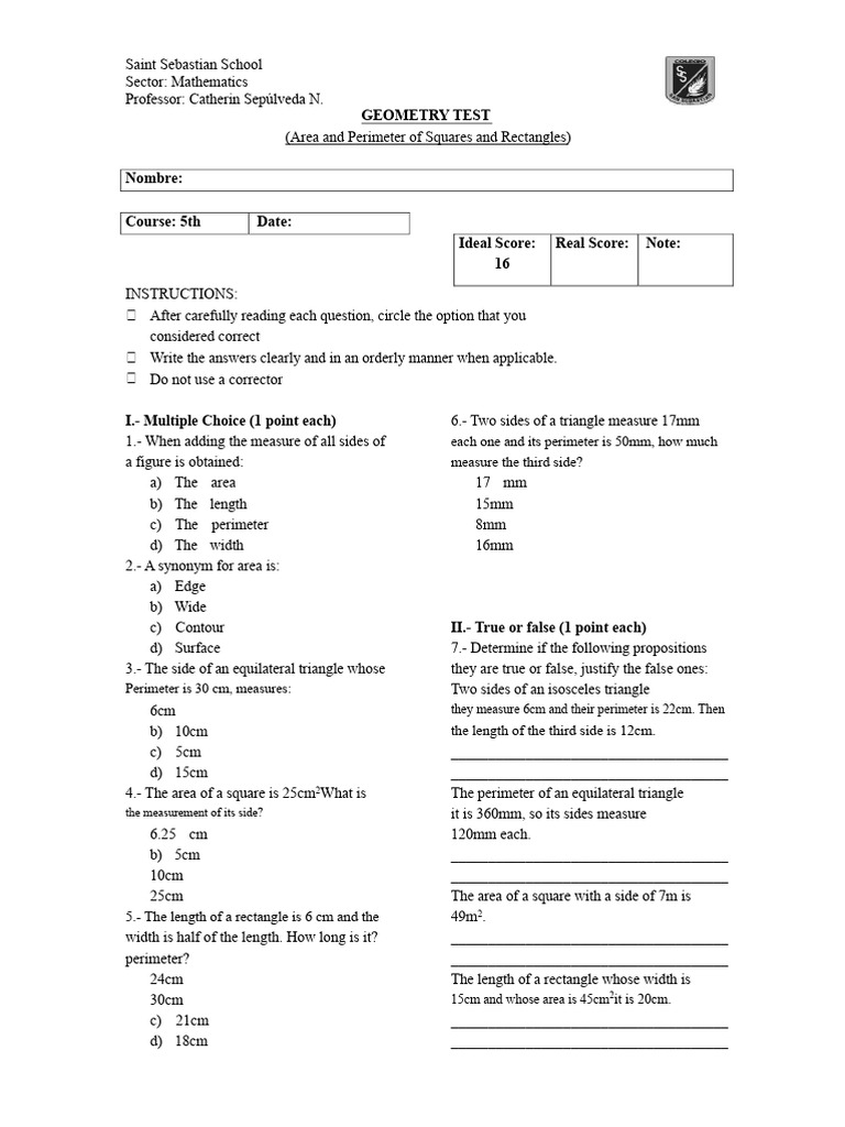 Geometry Test: Area & Perimeter Concepts | PDF | Area | Geometric Shapes