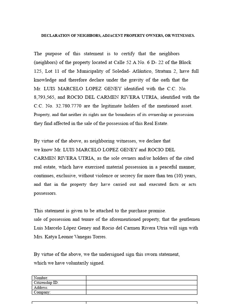 DECLARATION OF NEIGHBORING RESIDENTS. | PDF