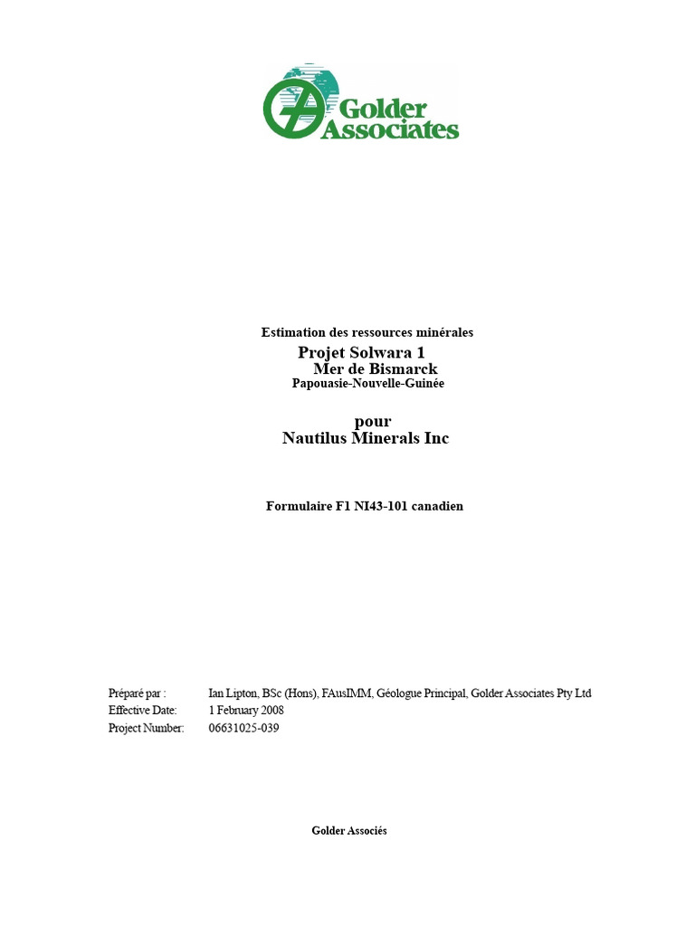 Estimation des ressources du projet Solwara 1 | PDF | Sciences de la ...