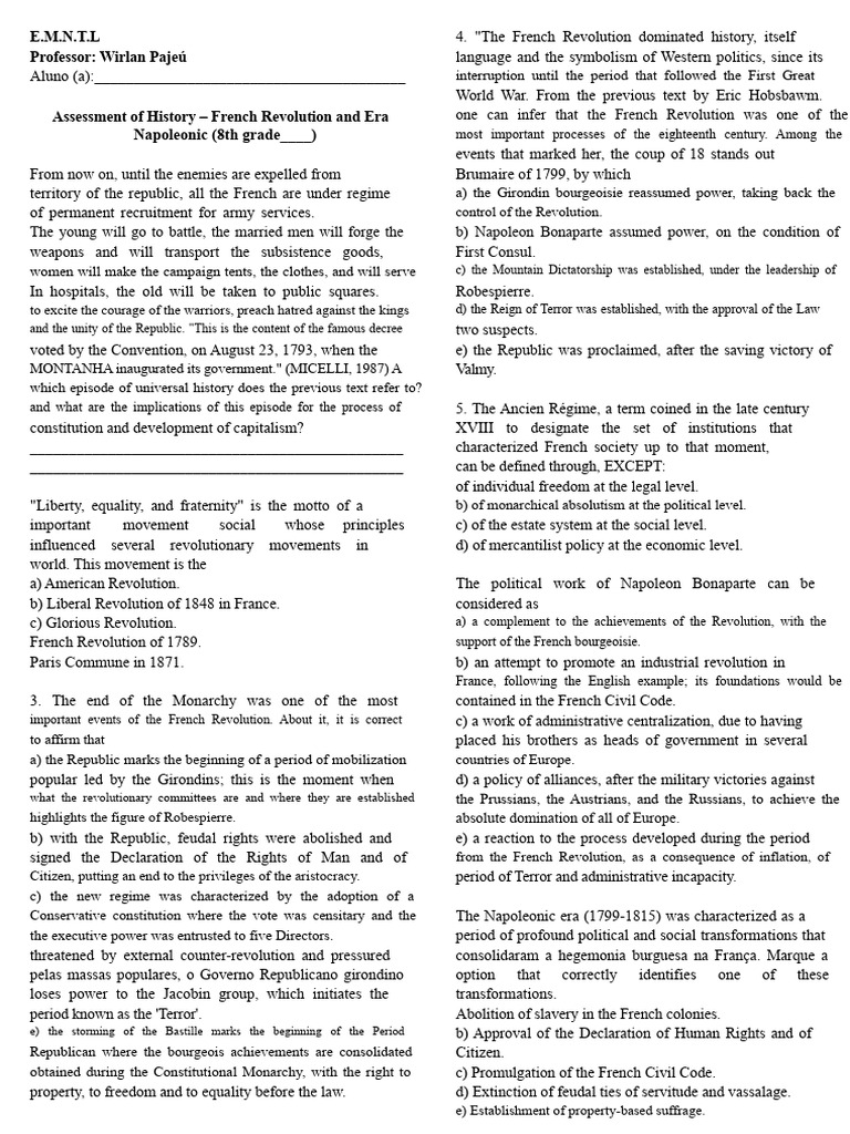 Assessment 8 Year French Revolution Napoleonic Era | PDF | French ...