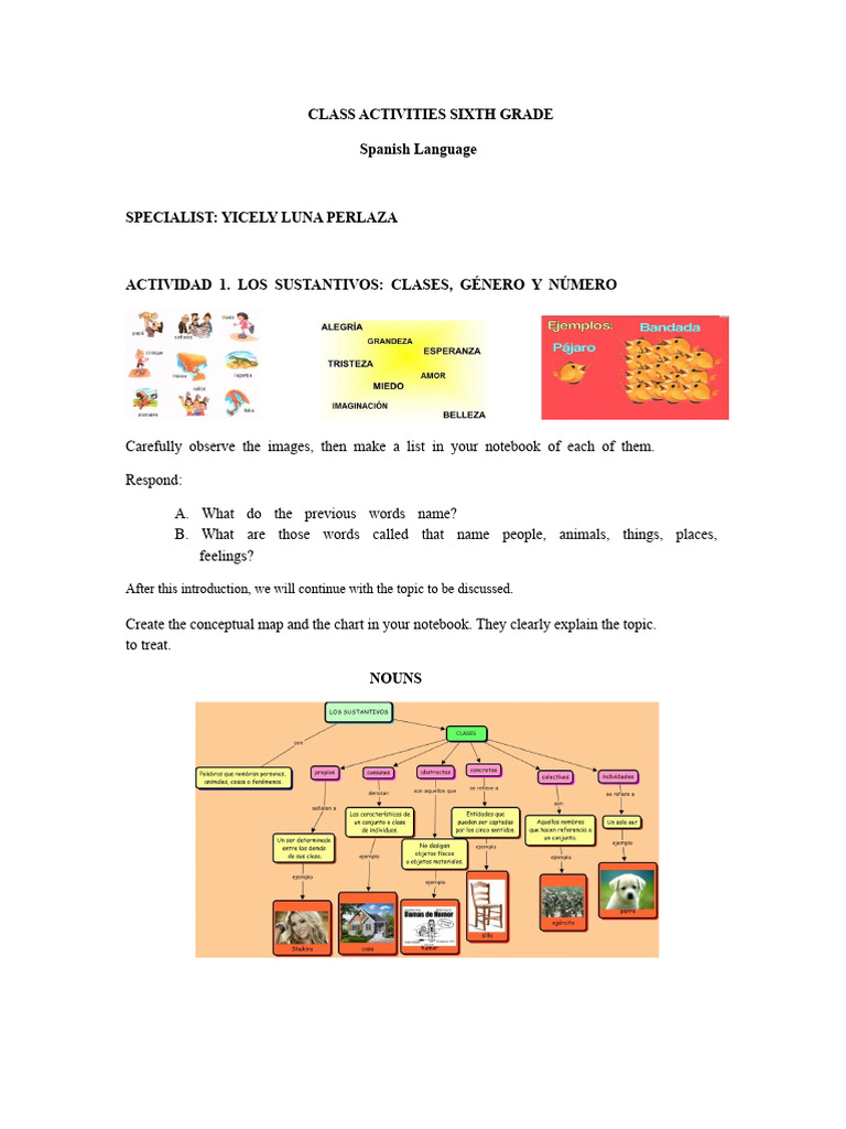 Sixth Grade Spanish Noun Activities | PDF | Grammatical Gender | Plural