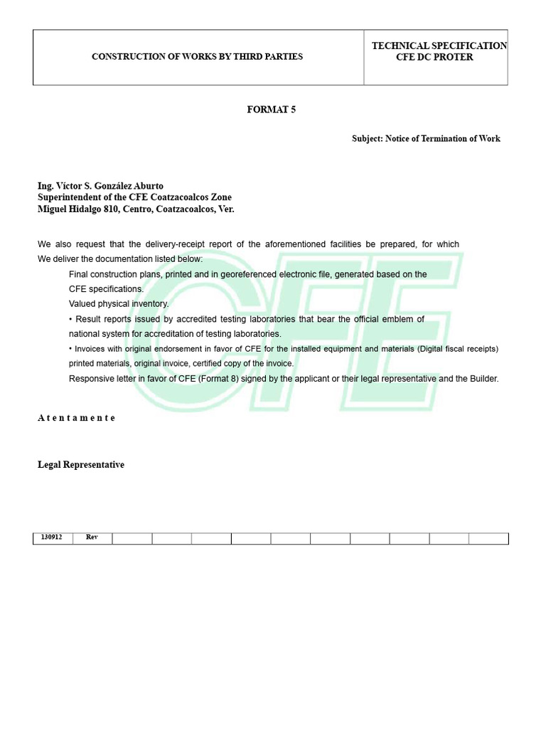 CFE Termination Notice for Construction Works | PDF